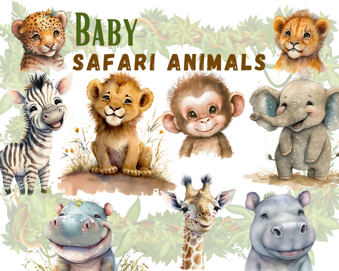 Safari Baby Animals Watercolor Clipart Cute Baby Shower Nursery Decor ...