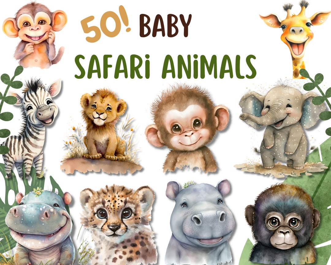 Safari Baby Animals Watercolor Clipart Cute Baby Shower Nursery Decor ...