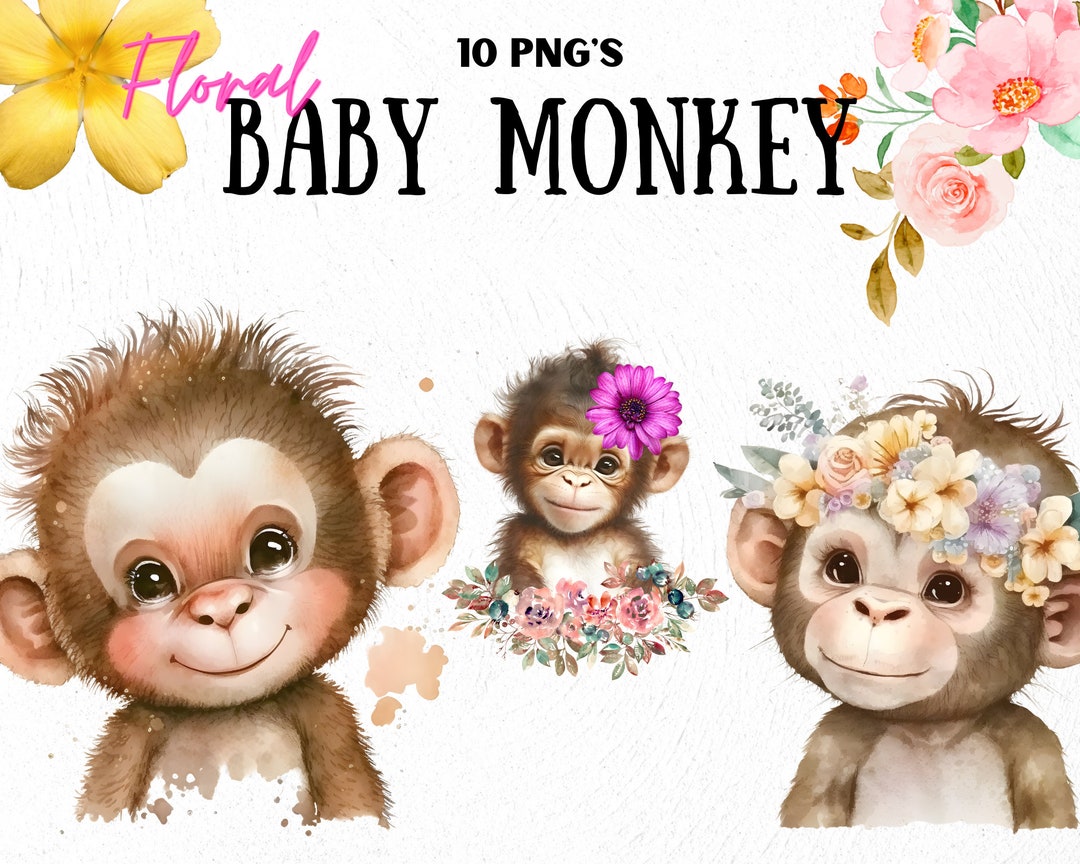 Baby Monkey Watercolor Clipart Floral Monkey Clipart Cute - Etsy UK