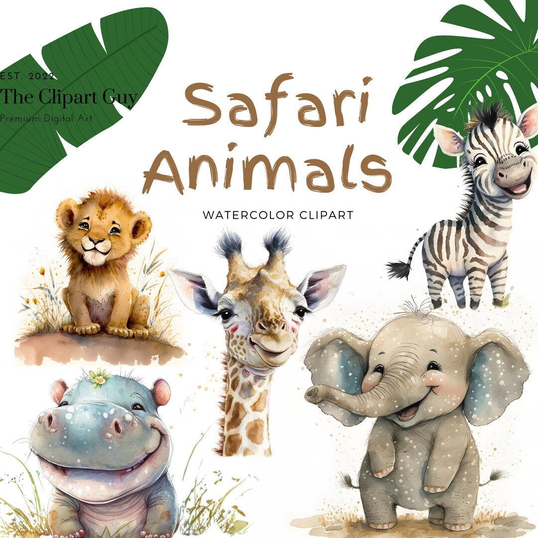 Safari Jungle Animals Watercolor Clipart Cute Baby Shower Nursery Decor ...