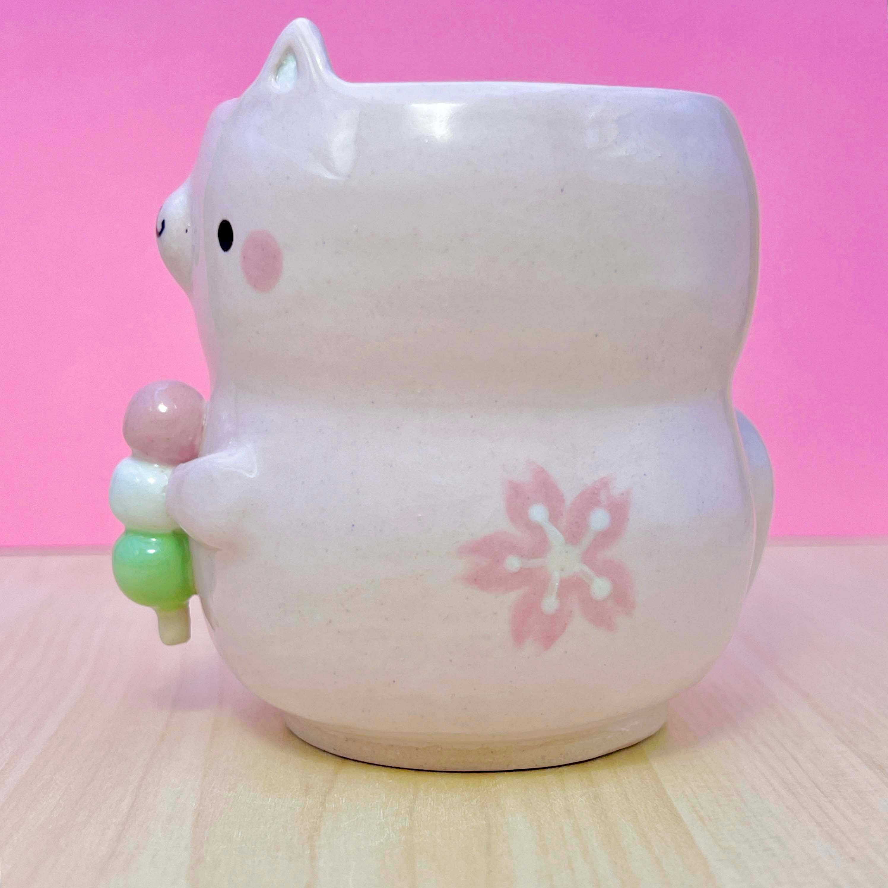 Handmade Ceramic Japanese Cherry Blossom Cat Holding Dango / Multi ...