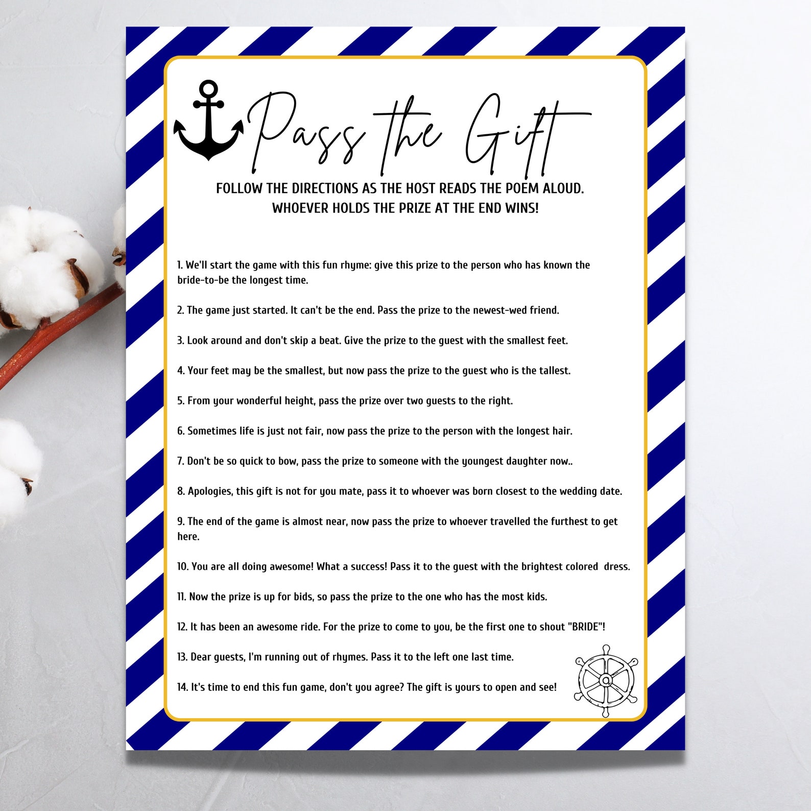 Nautical Theme Pass the Prize Bridal Shower Game, Bridal Shower Pass ...