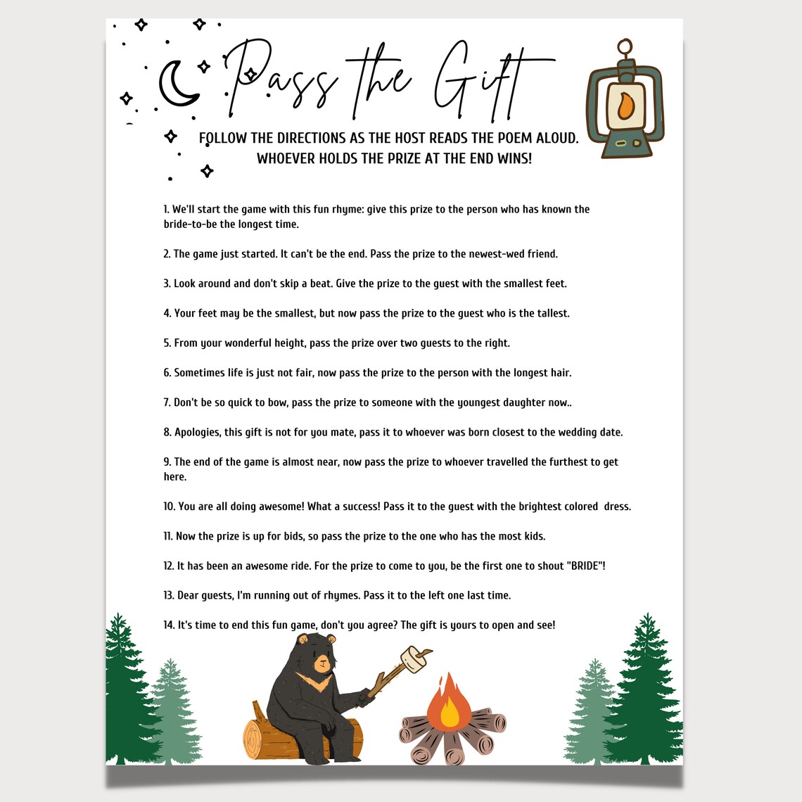 Camp Theme Pass the Prize Bridal Shower Game, Bridal Shower Pass the ...