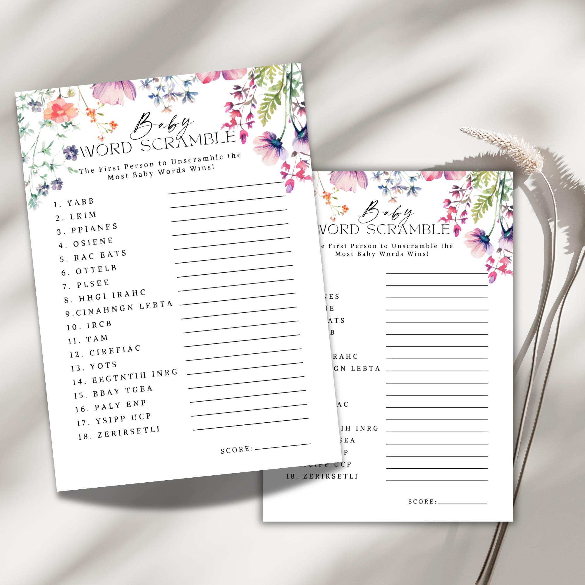 Wild Flower Baby Word Scramble Game , Floral Baby Shower Game, Print at ...