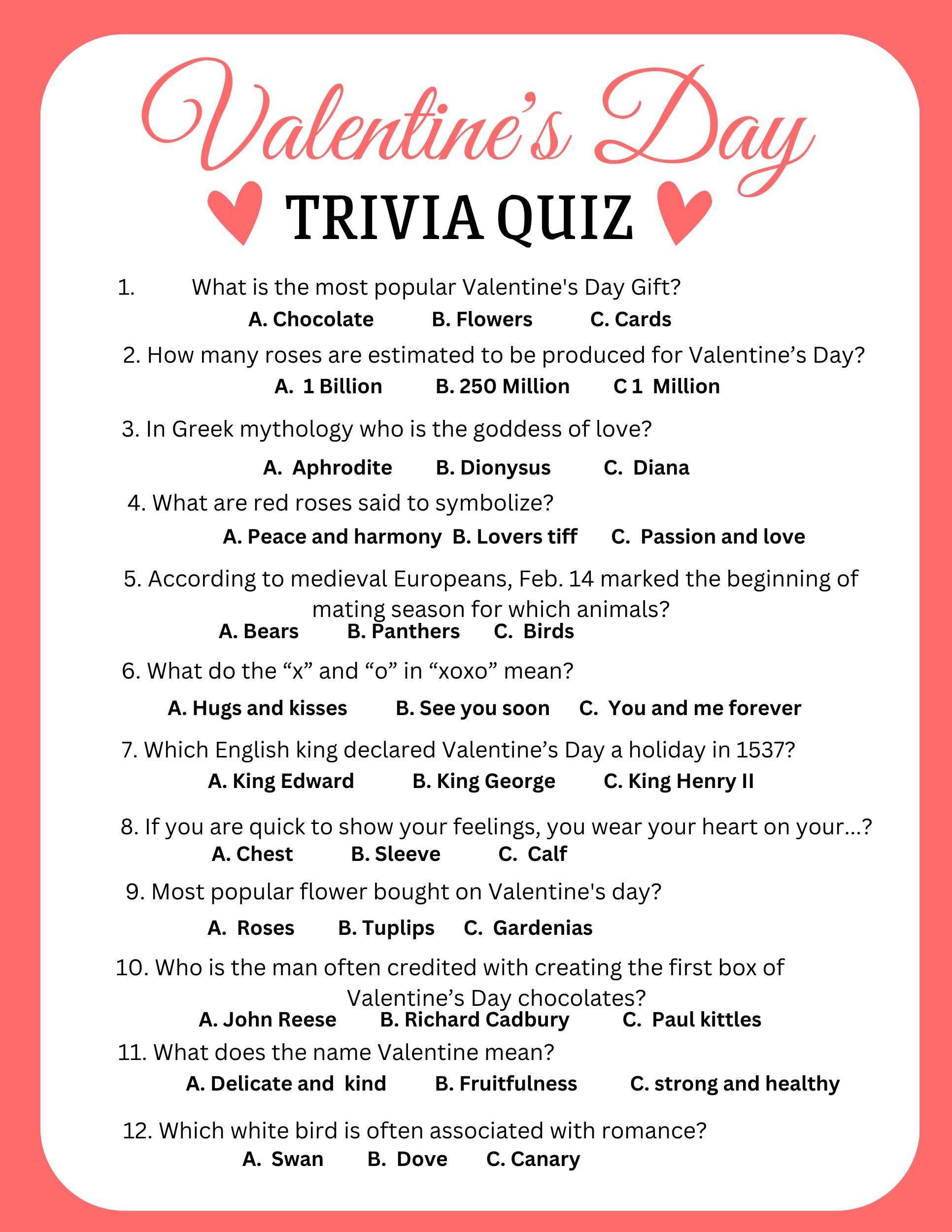 Valentines Day Trivia Game, Valentine Day Party Game for Kids ...