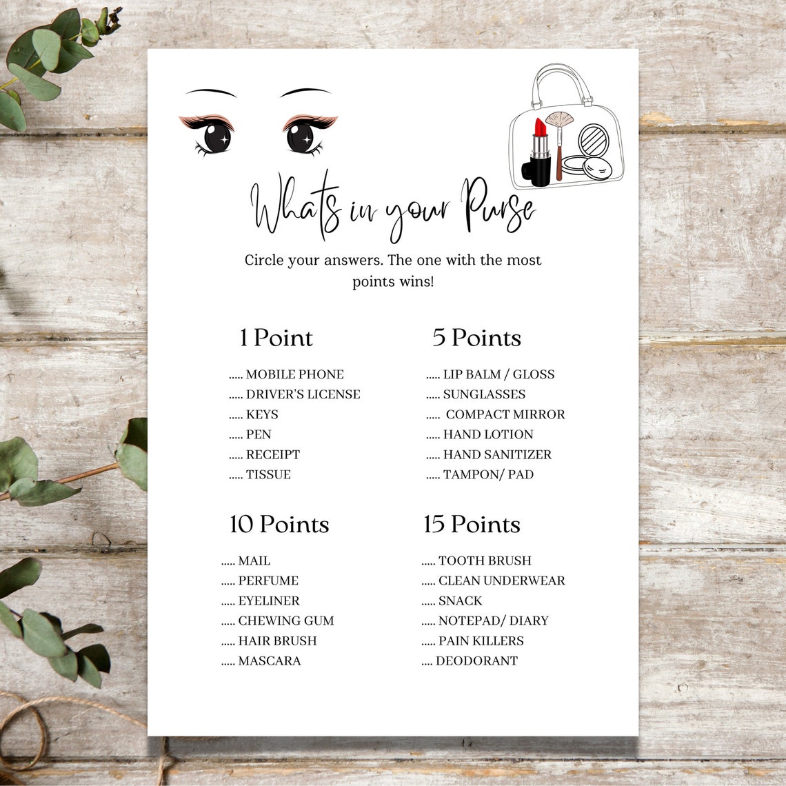 What's in Your Purse Game, Printable Bridal Shower Game, Purse Game ...