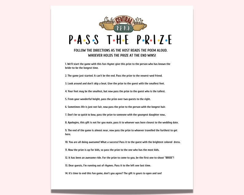 Friends Theme Bridal Shower Pass the Prize Game, Pass the Gift ...