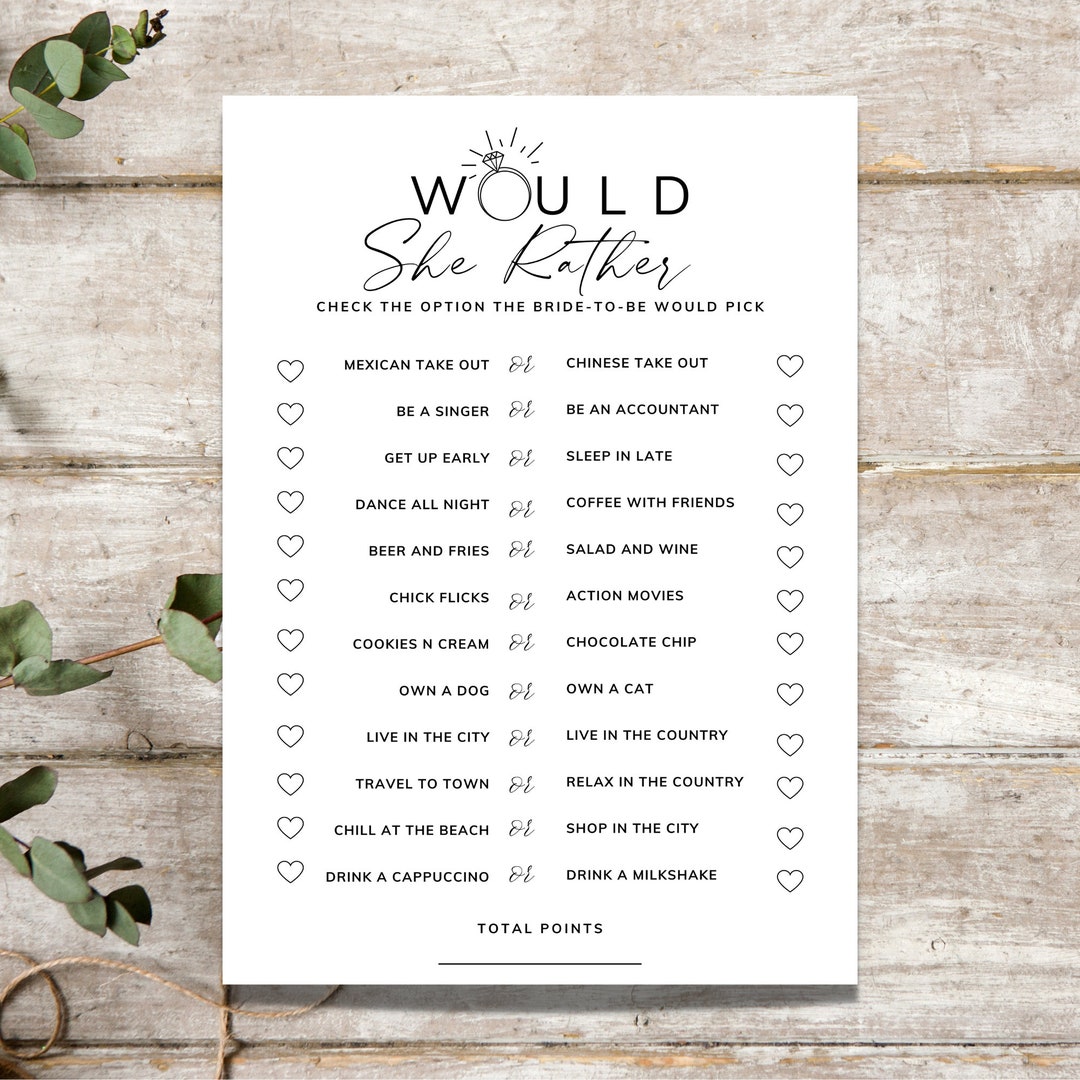 Minimalist Would She Rather Bridal Shower Game Template, Edit in Canva ...