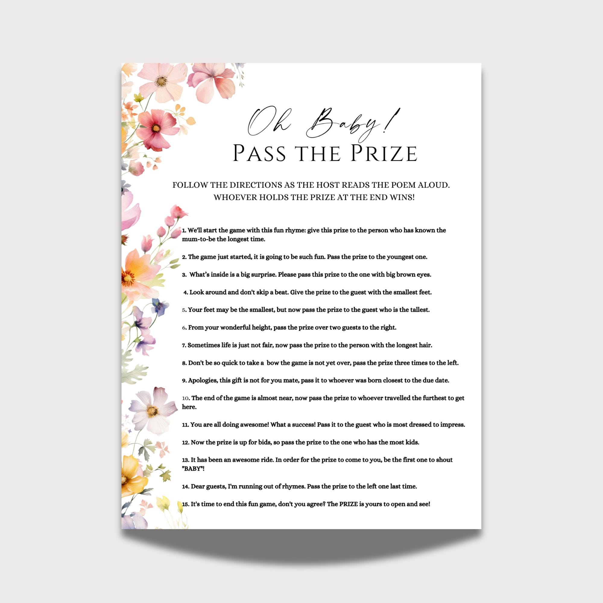 Floral Baby Shower Pass the Prize Game, Pass the Gift DIY Printable ...