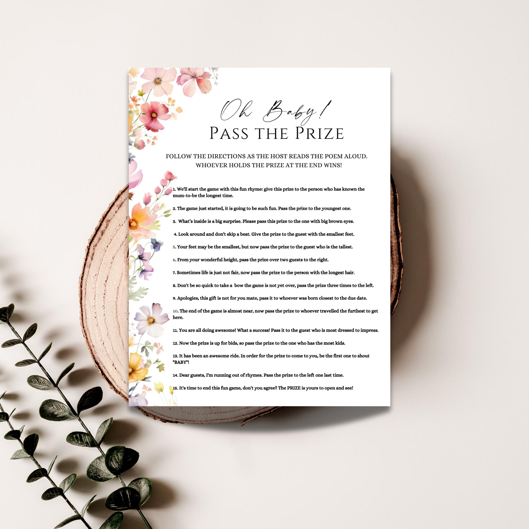 Floral Baby Shower Pass the Prize Game, Pass the Gift DIY Printable ...