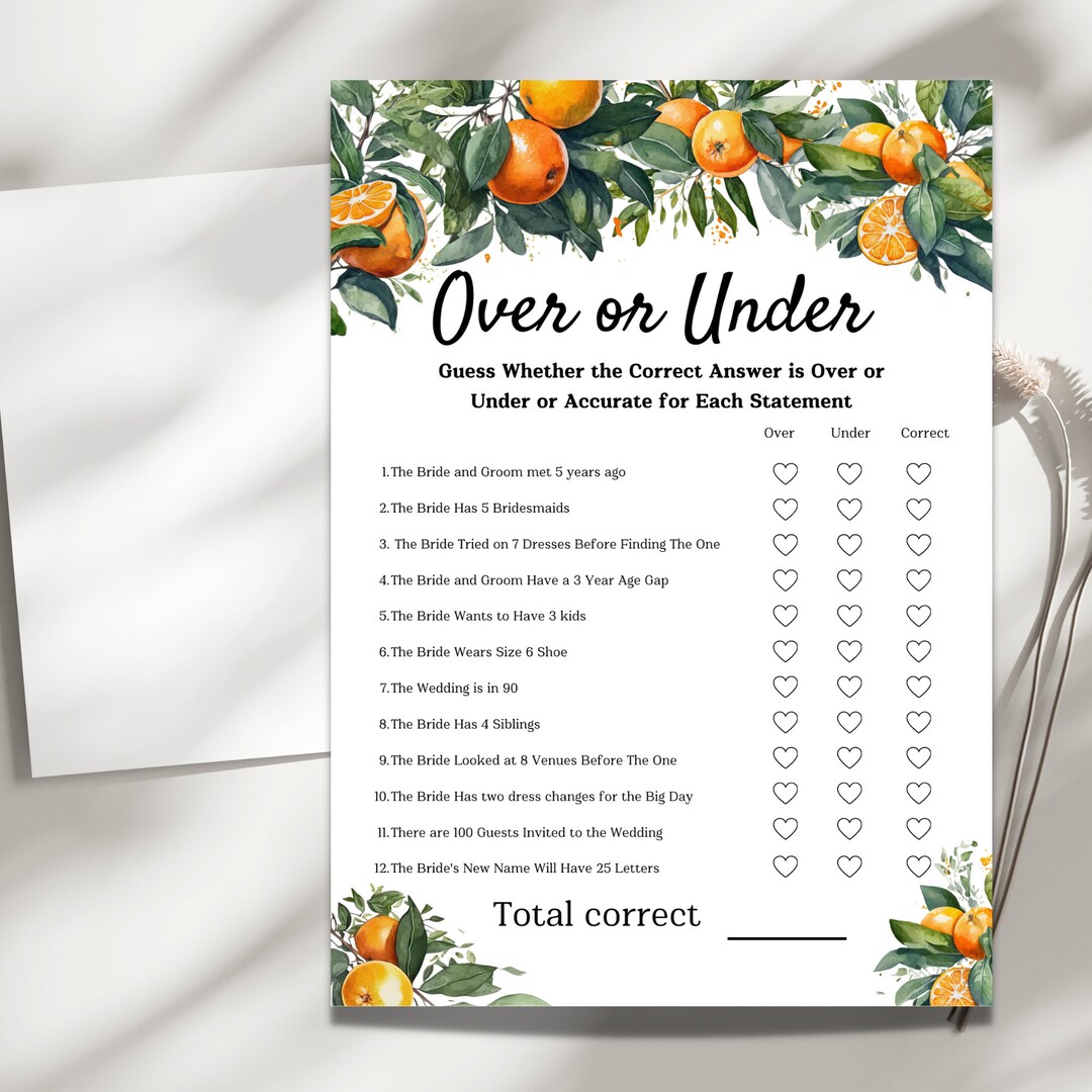 Oranges Bridal Over or Under Game, Bridal Shower Games, Game Card ...