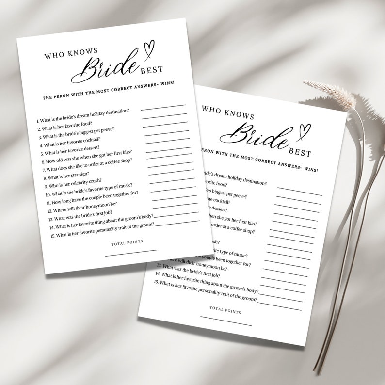 Minimalist Who Knows the Bride the Most Game, Modern Bridal Shower Game ...