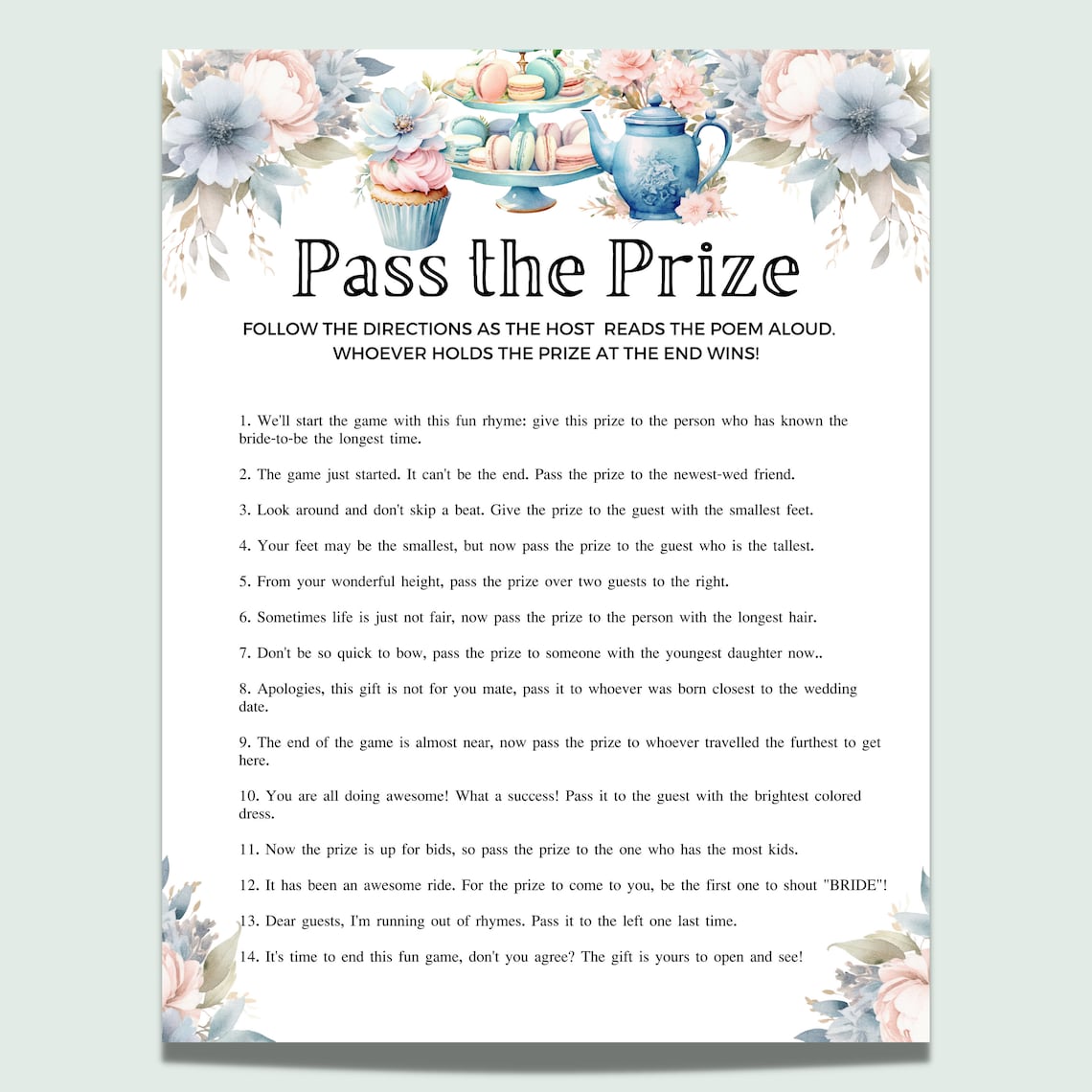 Tea Party Theme Pass the Prize Bridal Shower Game, Bridal Shower Pass ...