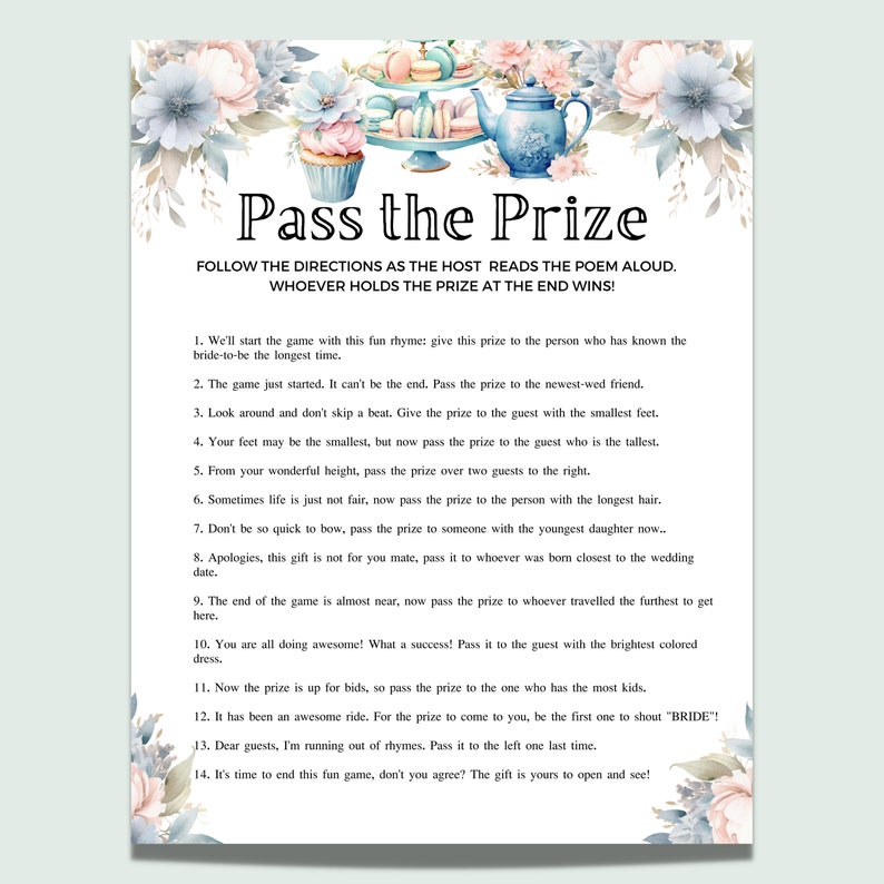 Tea Party Theme Pass the Prize Bridal Shower Game, Bridal Shower Pass ...