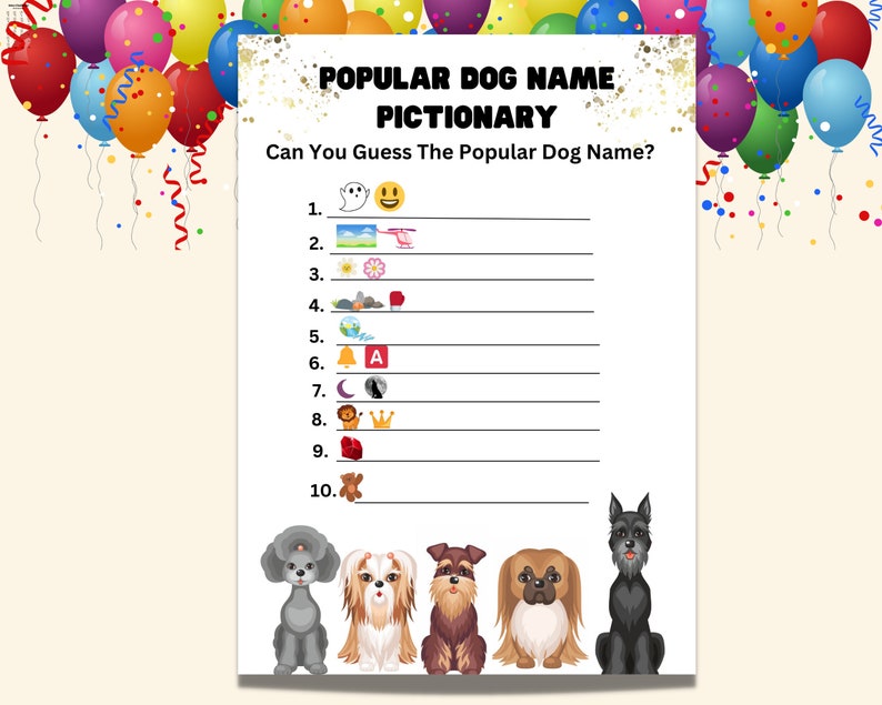 Popular Dog Name Pictionary Game | Dog Birthday Party Game, Dog Theme ...