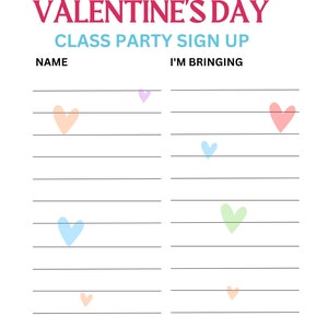 Printable Valentine's Day Party Sign up Sheet, Class Valentine's Day ...