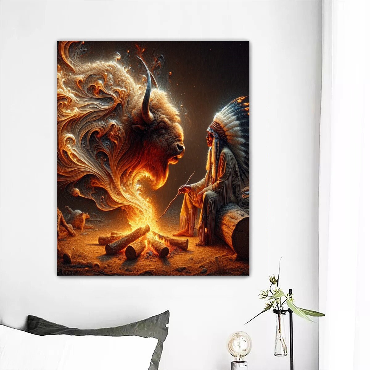 Native American Chief and His Bison Spirit Frameless Mural - Etsy