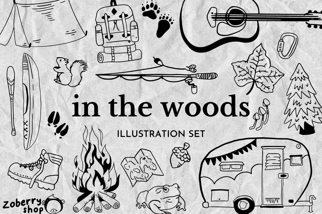 In the Woods Clip Art - Hand Drawn Illustrations, Forest Doodle ...