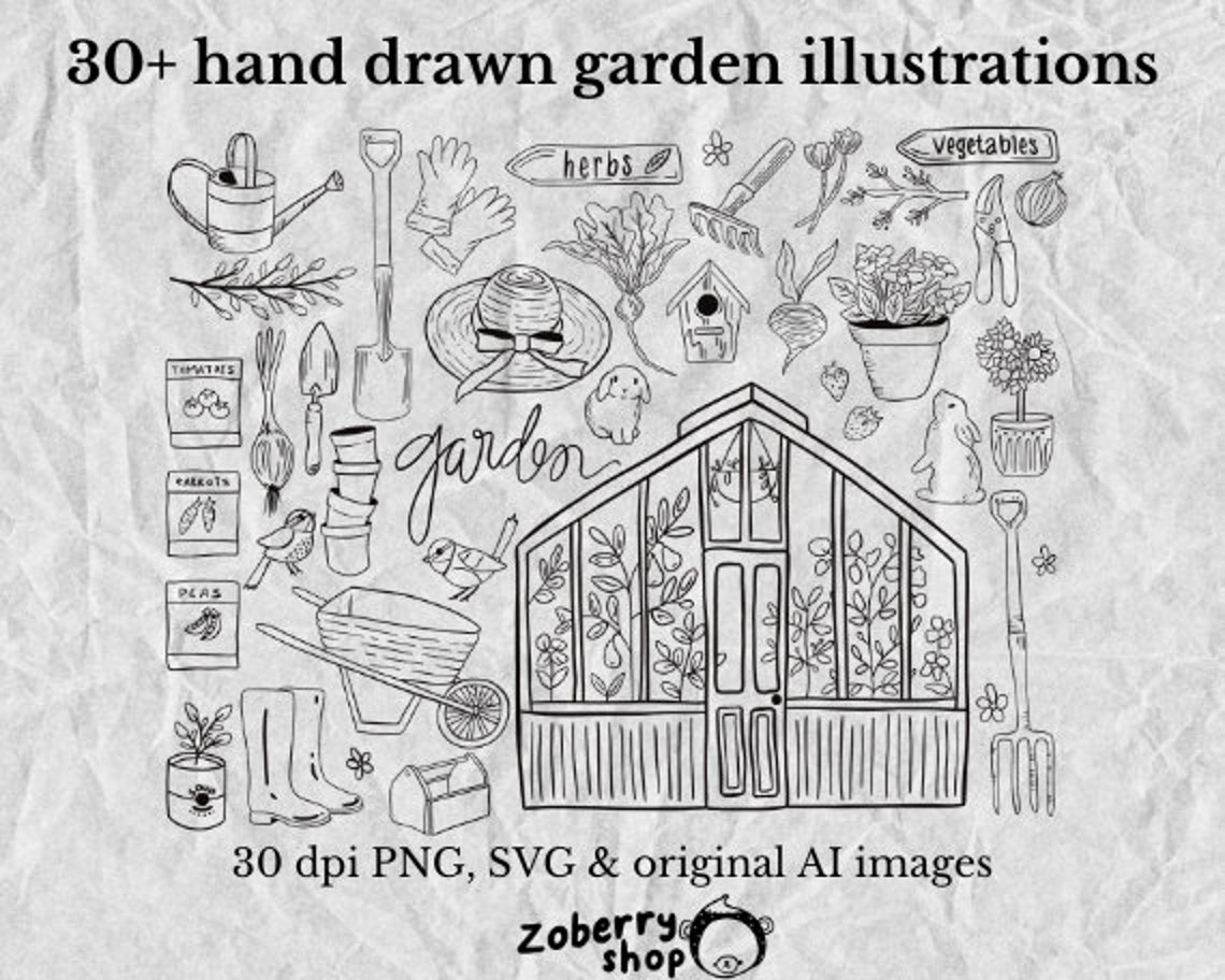 In the Garden Clip Art Hand Drawn Illustrations Garden - Etsy