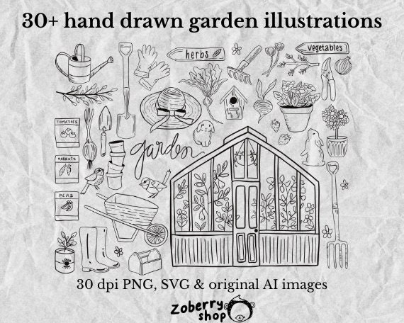 In the Garden Clip Art Hand Drawn Illustrations, Garden Doodle Drawings ...