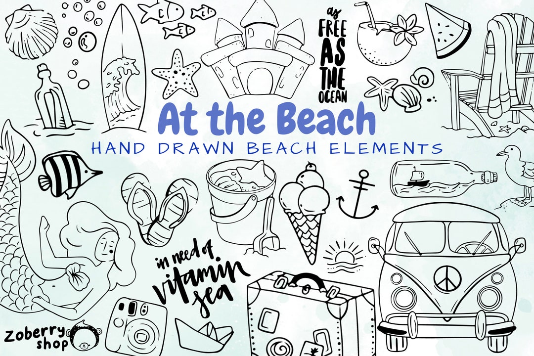 At the Beach Clip Art - Hand Drawn Illustrations, Beach Doodle Drawings ...