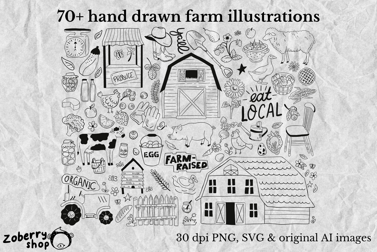 On the Farm Clip Art - Hand Drawn Illustrations, Farm Doodle Drawings ...