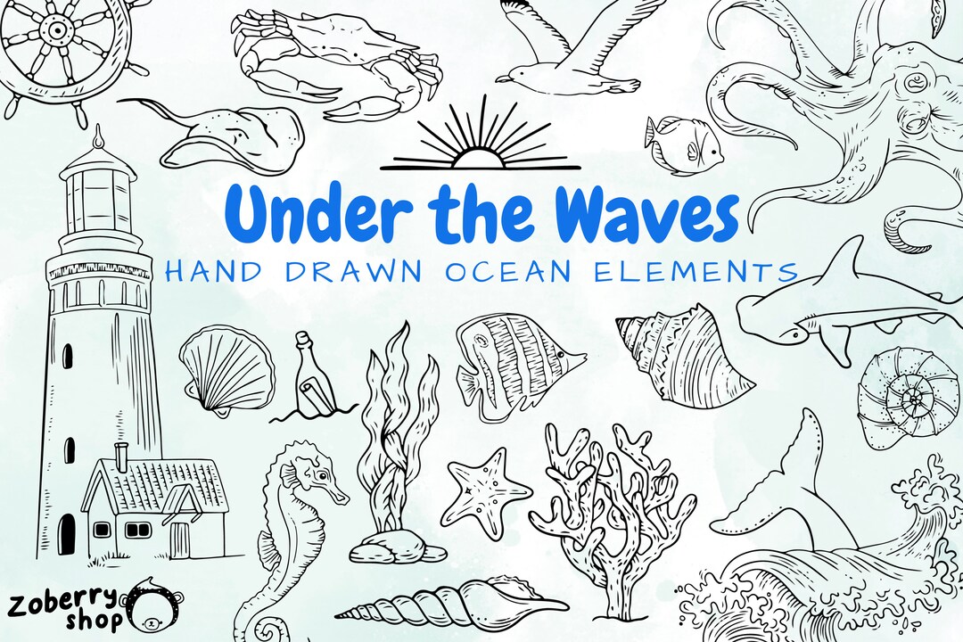 Under the Waves Clip Art - Hand Drawn Illustrations, Ocean Doodle ...