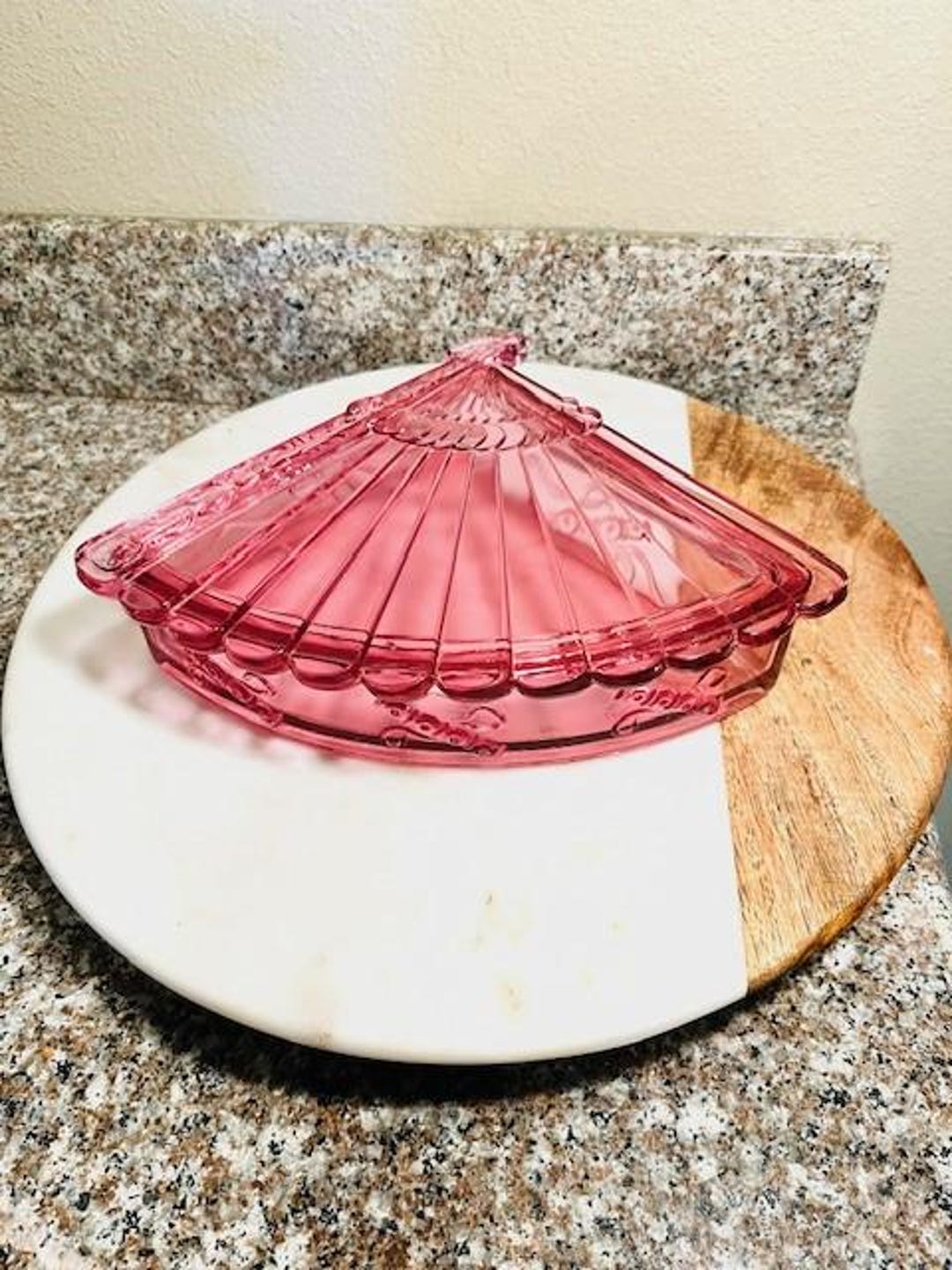 Indiana Tiara Cranberry Pink Rose Glass Fan-shaped Candy Vanity Covered ...