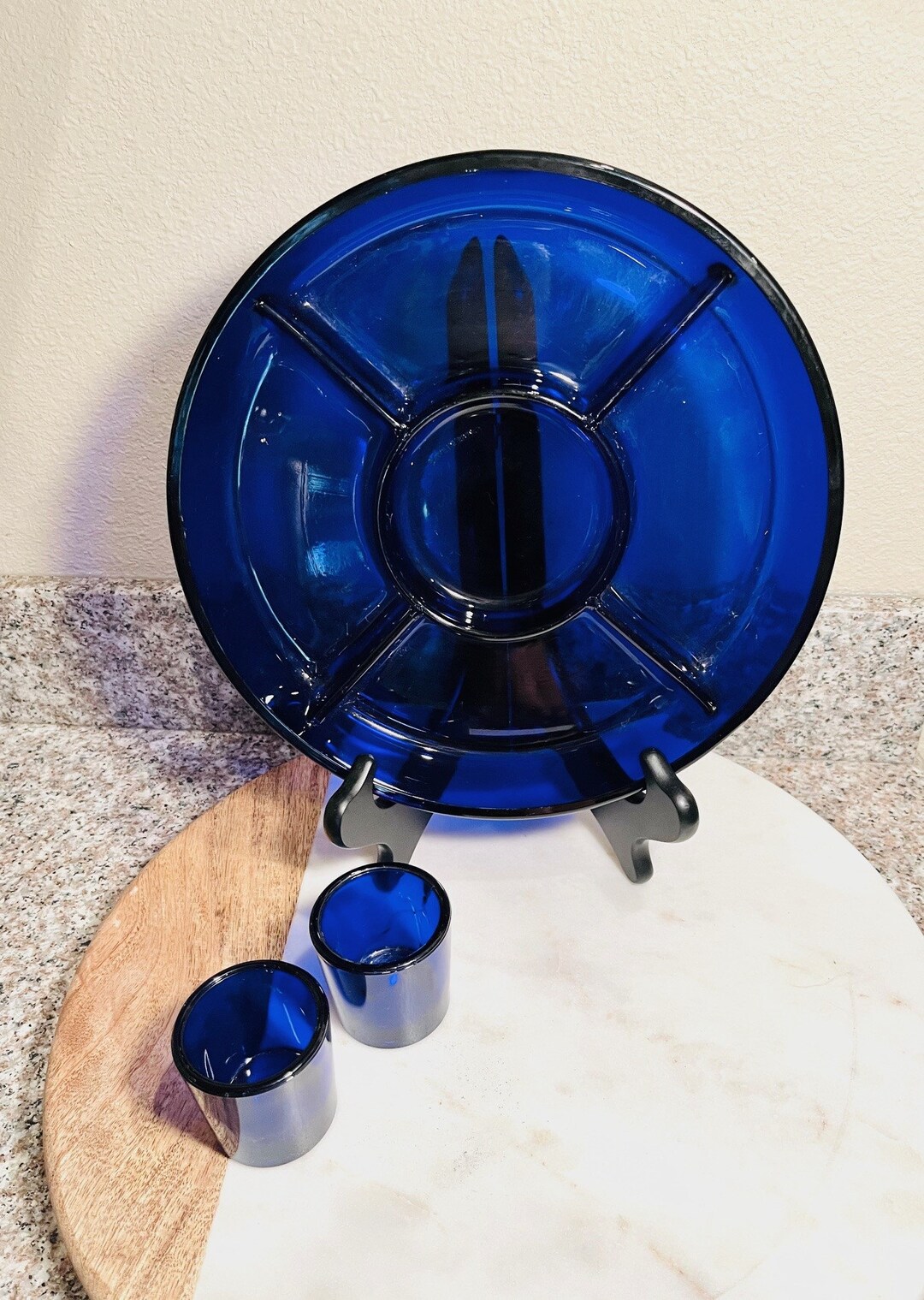 Cobalt Blue Glass Appetizer Dish 5 Sections Made in USA With Toothpick ...