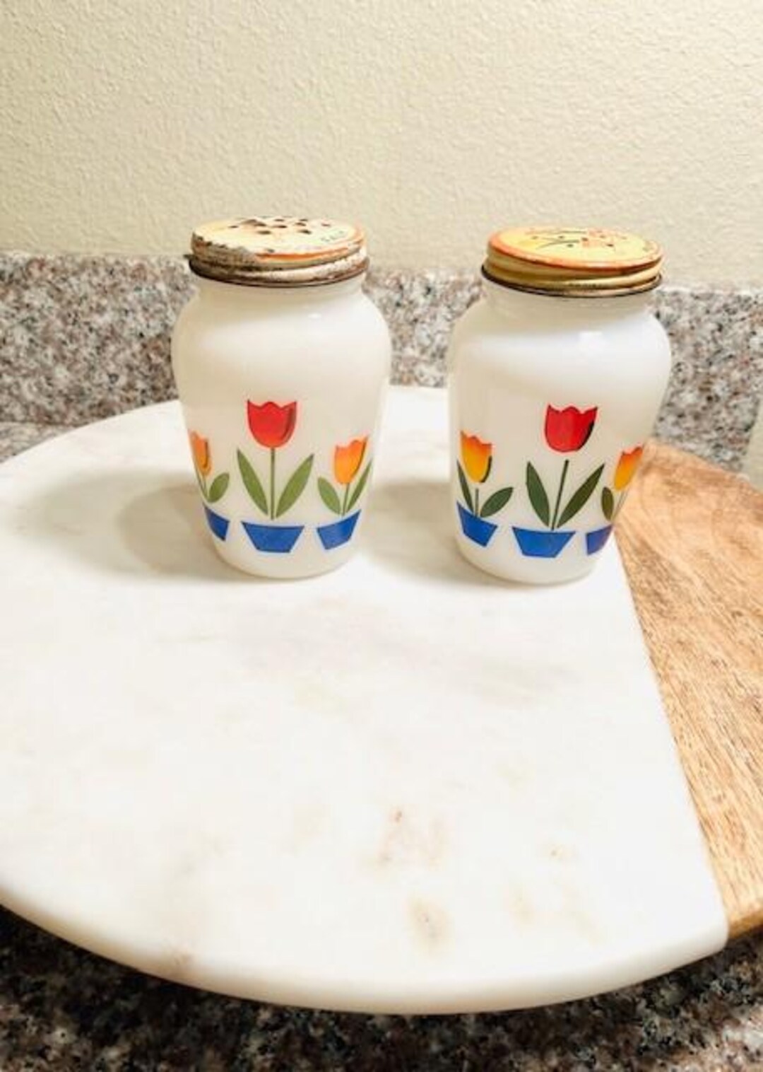 Vintage Fire King Tulip Pattern Salt & Pepper Shakers W/ Original Lid ...