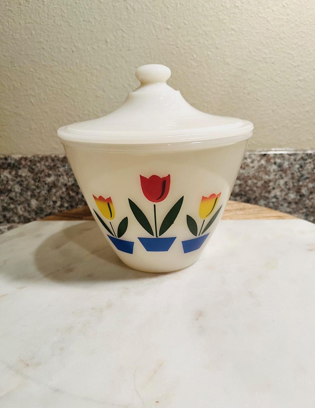 Vintage Fire King Tulip Pattern Grease Bowl Grease Jar W/ Original Lid ...