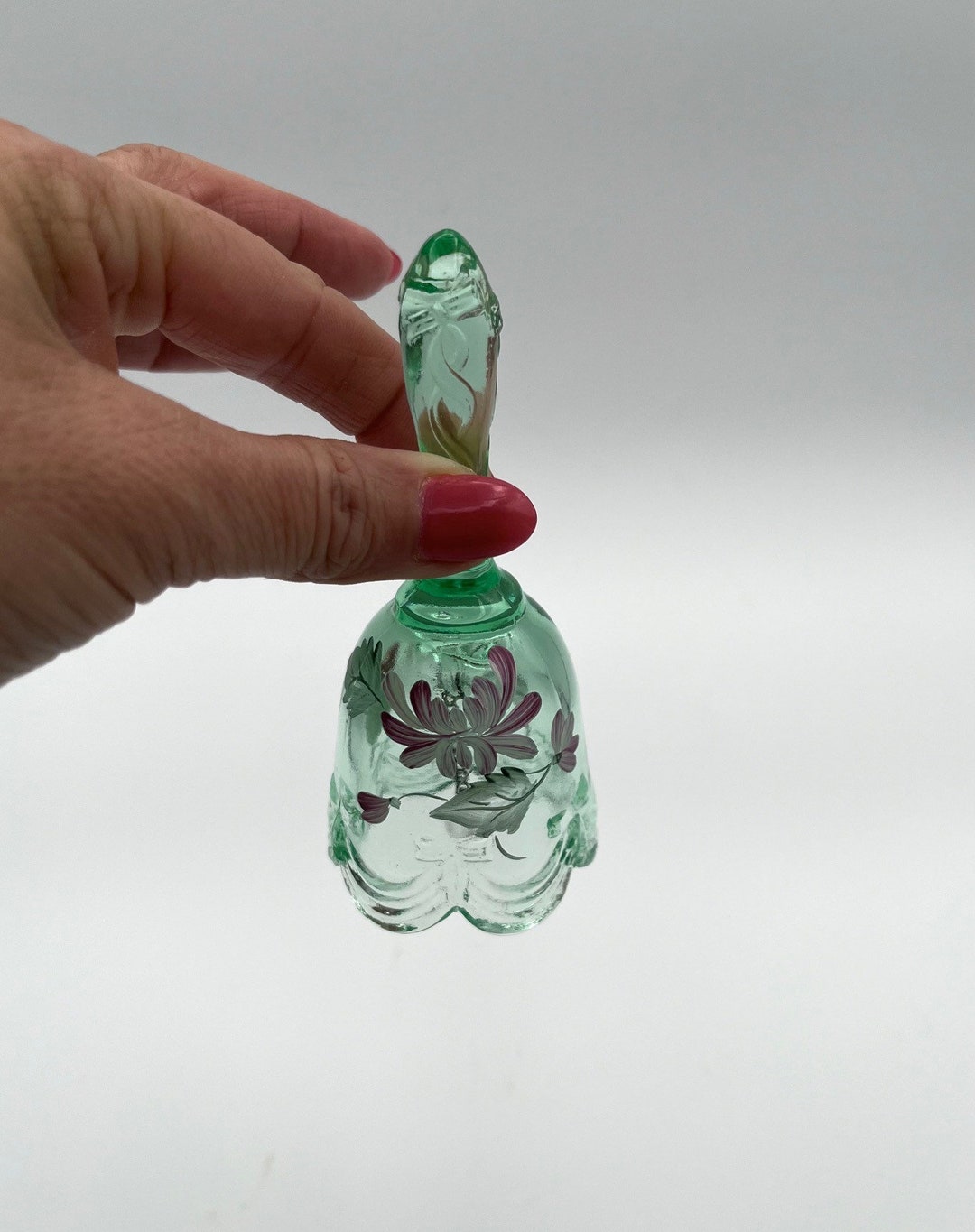 Fenton Art Glass Green Glass Bell With Ribbon Pattern Hand Painted and ...