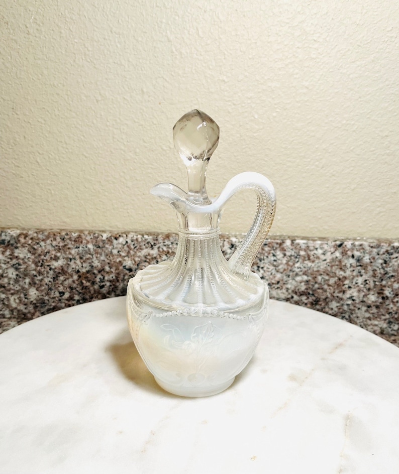 Antique Northwood White Opalescent Glass Cruet Wild Flower and Bead ...