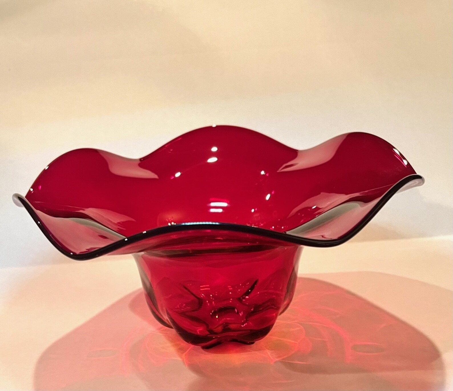 Blown Glass Duncan and Miller Canterbury Cranberry Red Bowl Ruffled Rim ...