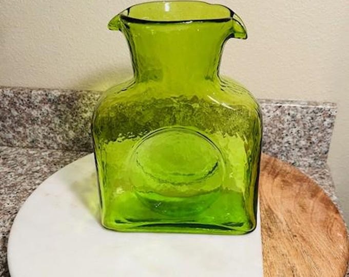 Blenko Olive Green Glass Water Bottle #384 | Vintage MCM Double Sided Spout Decanter Pitcher ...
