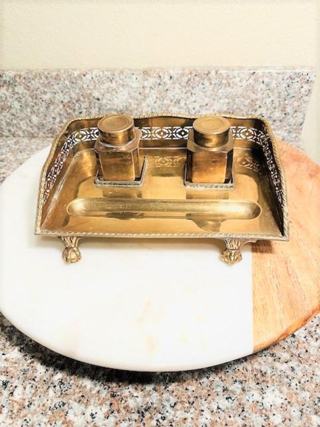 Mottahedeh Brass Inkwell & Pen Tray Desk Organizer Footed Brass Set ...
