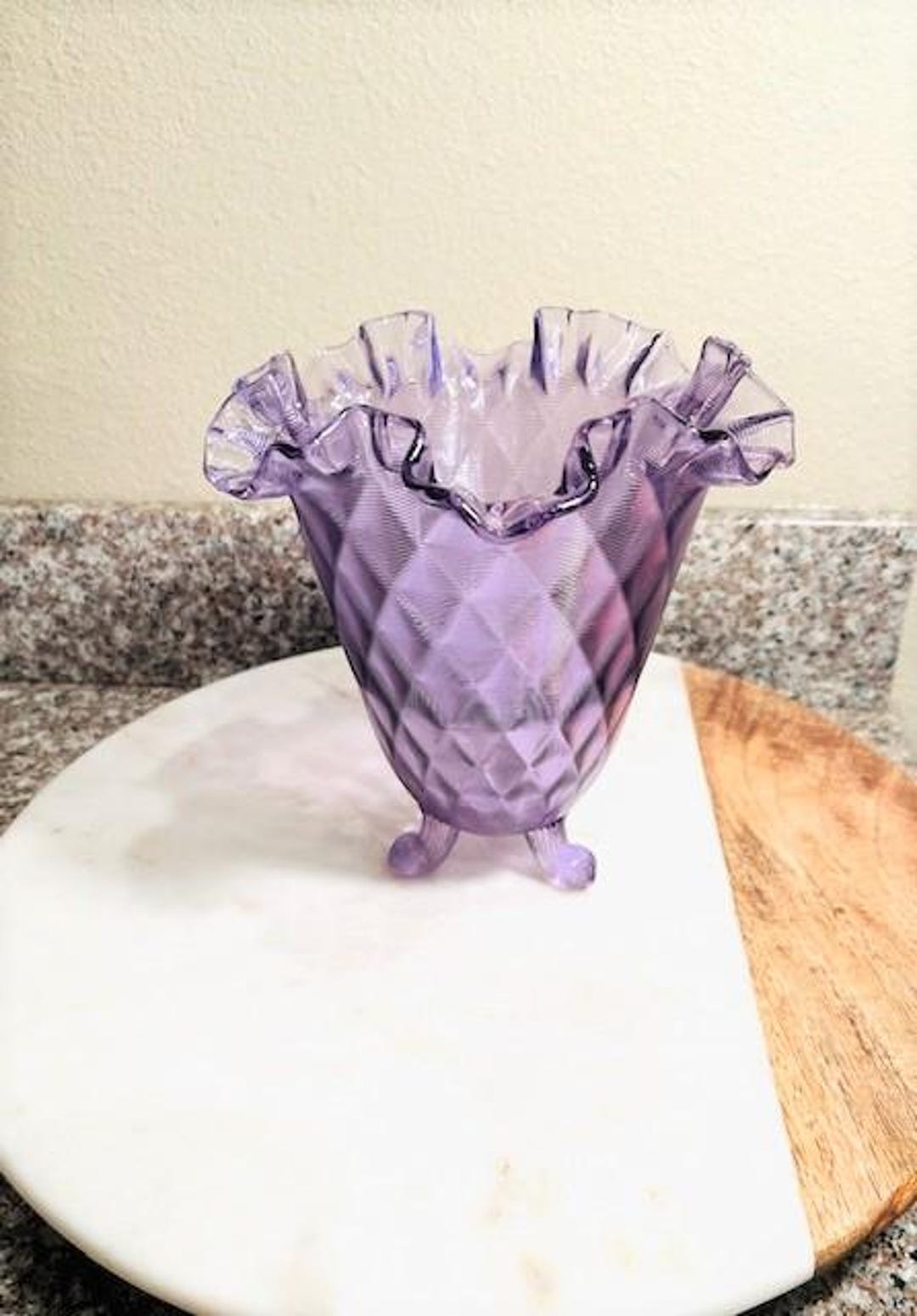 Fenton Ruffled Wisteria Lavender Glass Vase Diamond Threaded Optic ...