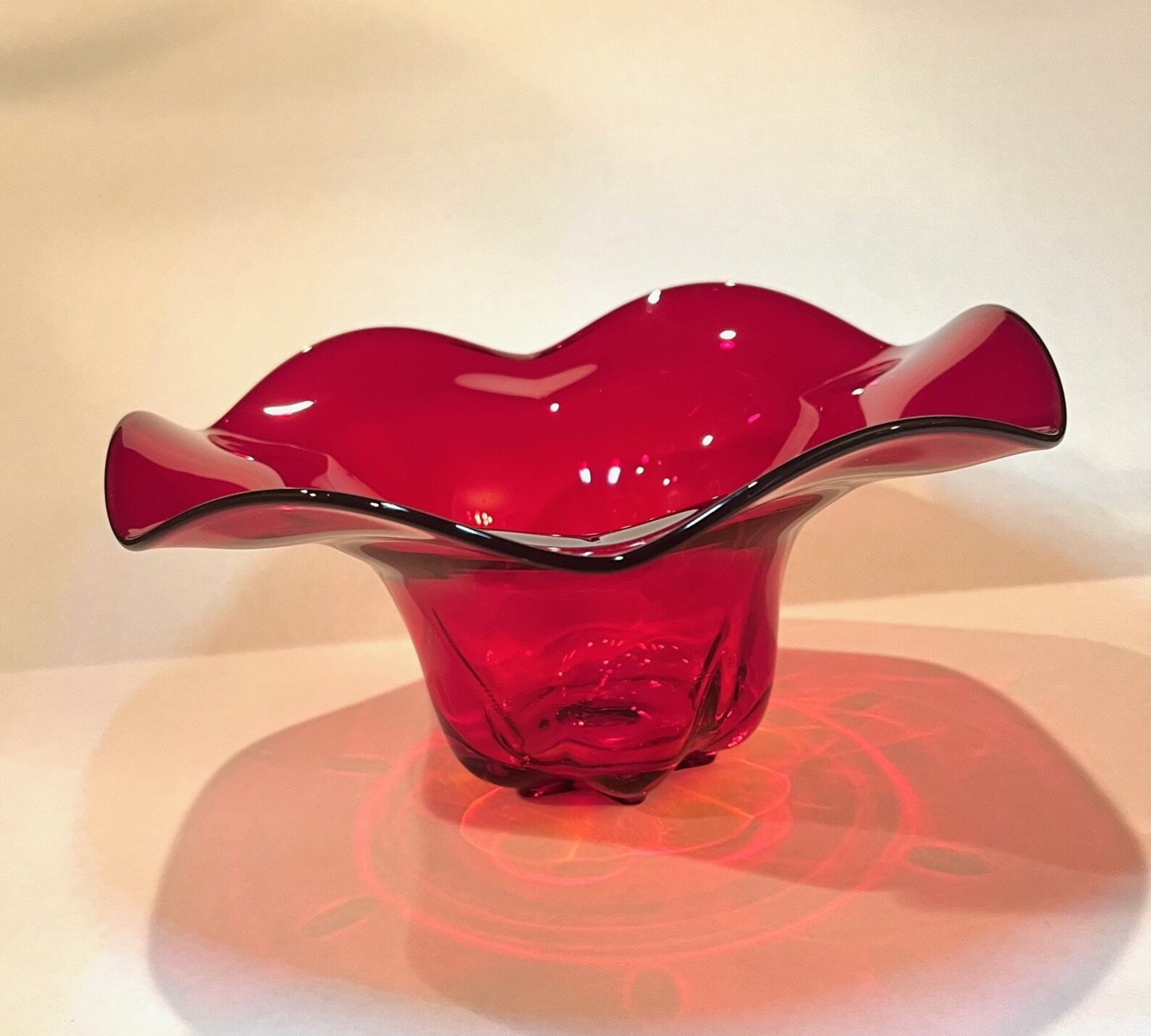 Blown Glass Duncan and Miller Canterbury Cranberry Red Bowl Ruffled Rim ...