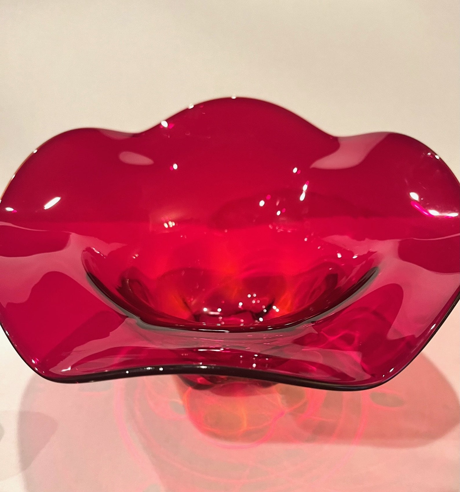 Blown Glass Duncan and Miller Canterbury Cranberry Red Bowl Ruffled Rim ...