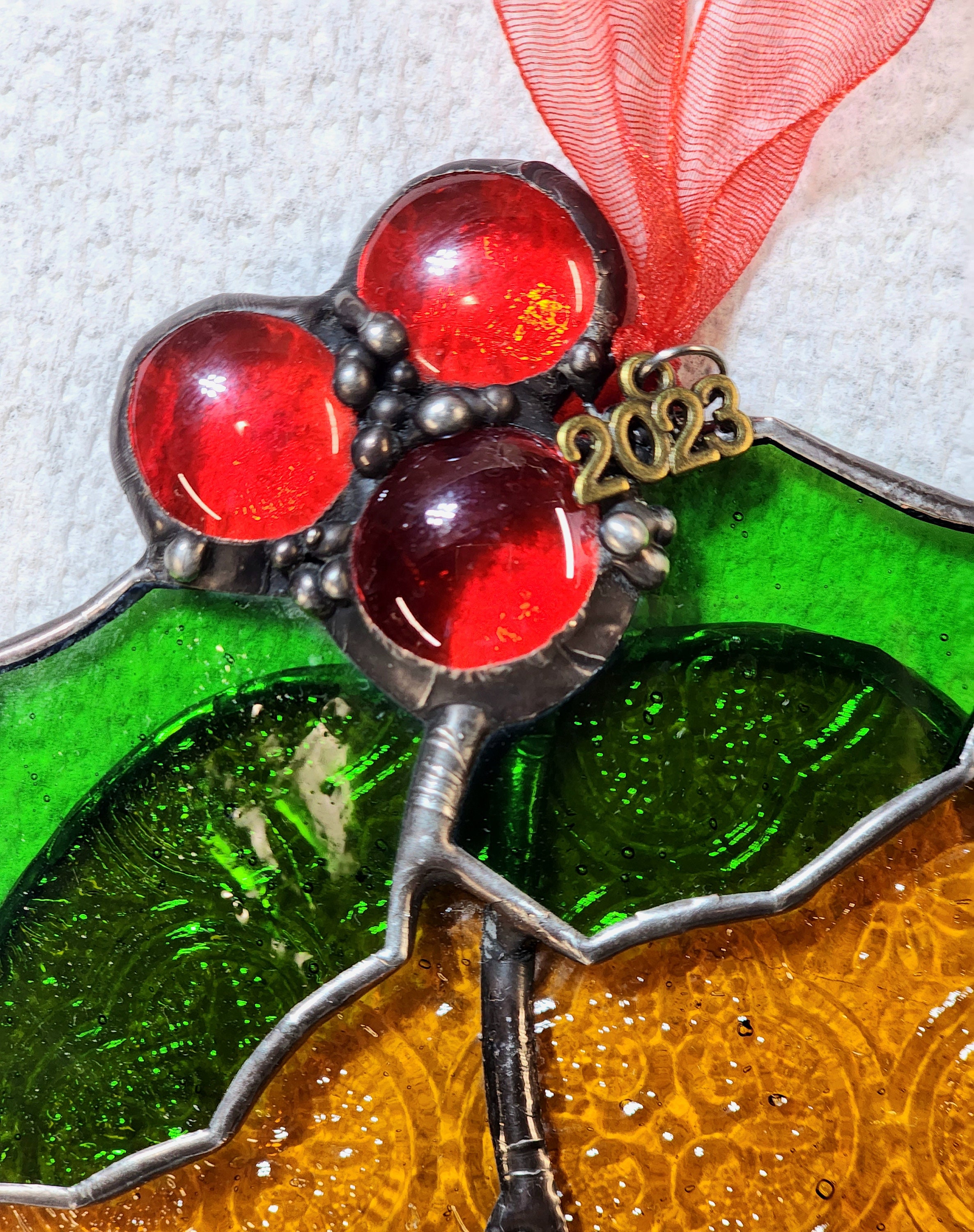 Stained Glass Double Gold Bells With Holly Leaves and Berries. - Etsy