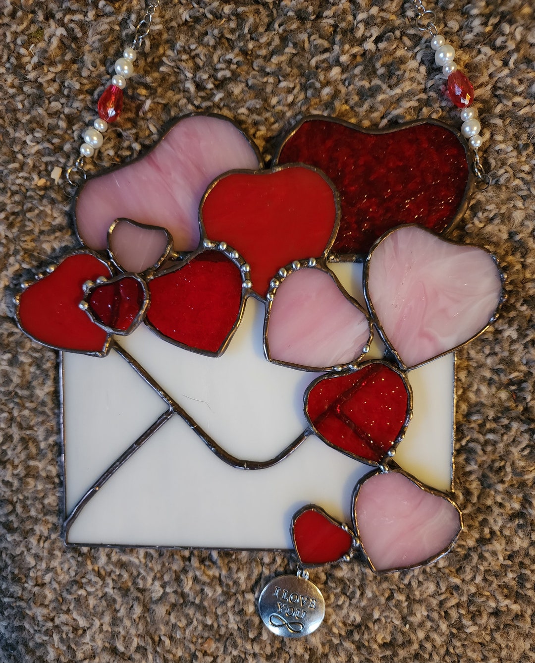 Stained Glass Envelope With Red and Pink Hearts. Valentine, Anniversary ...