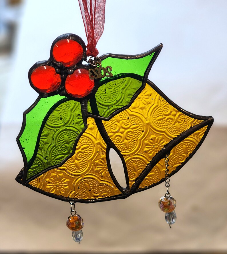 Stained Glass Double Gold Bells With Holly Leaves and Berries. - Etsy