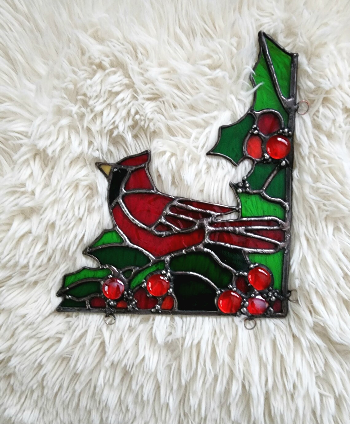 Stained Glass Window Corner Cardinal Sitting Amongst Holly and Berries ...