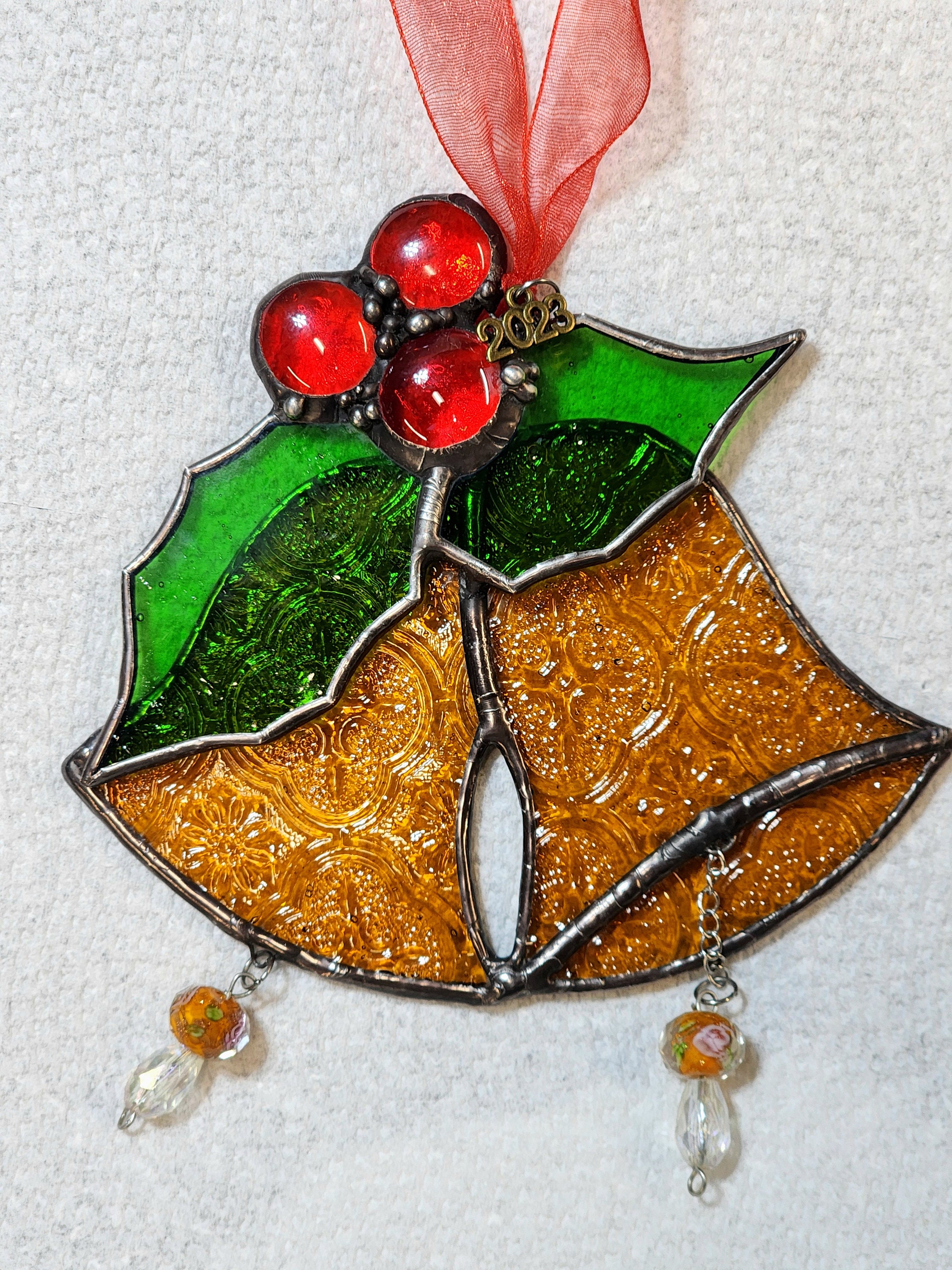 Stained Glass Double Gold Bells With Holly Leaves and Berries. - Etsy