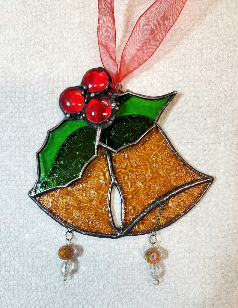 Stained Glass Double Gold Bells With Holly Leaves and Berries. - Etsy