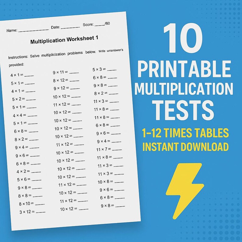 10 Printable Test Multiplication Worksheets 1-12 Random | Math Practice ...