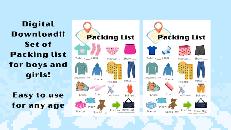 Kids Packing List Printable: Vacation Travel Checklist (digital ...