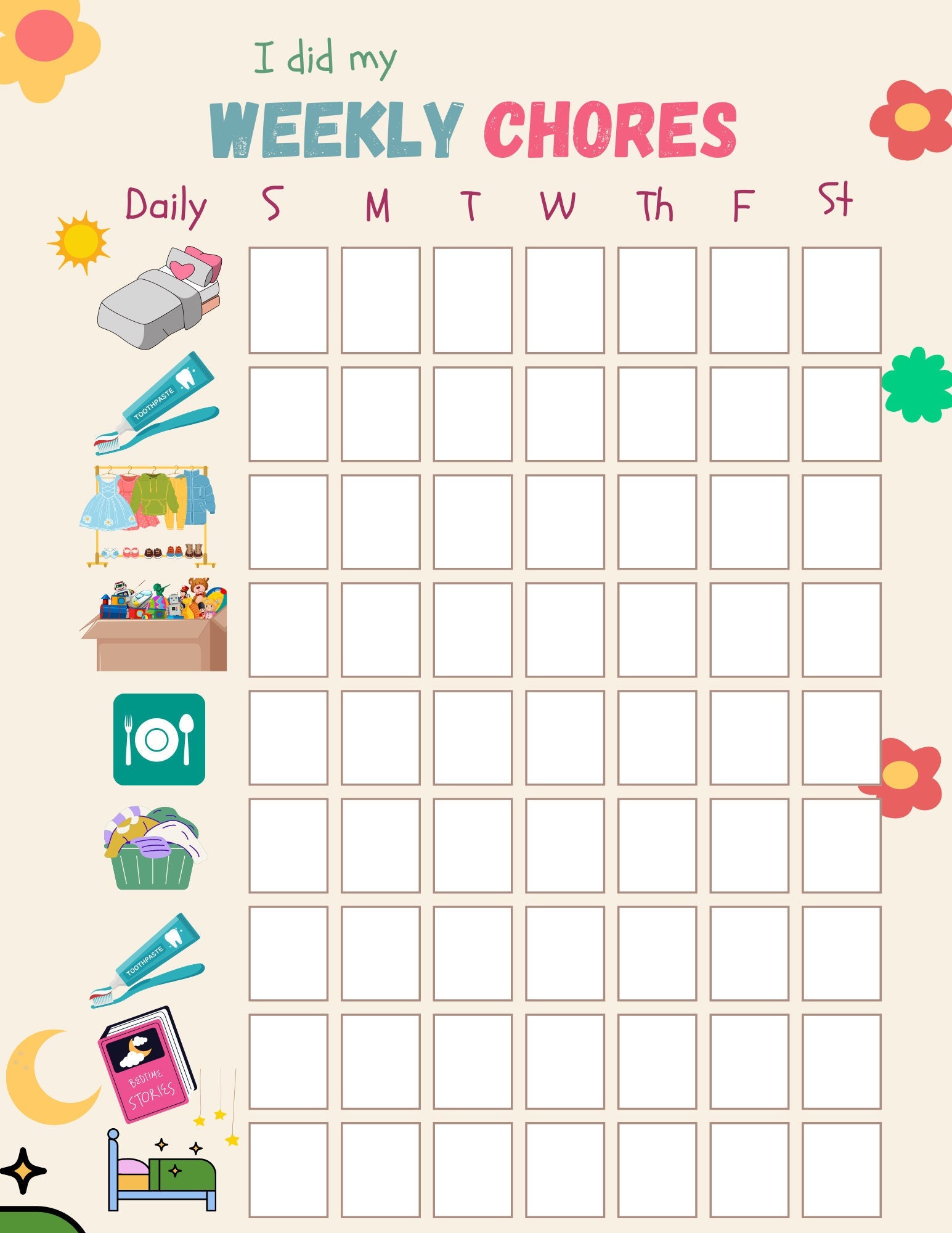 Simple Chore Chart for Kids, Cute Pictures for Kid Routine, Easy Tasks ...
