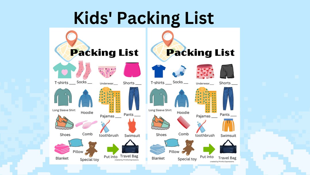 Kids Packing List Printable Packing List Vacation Packing for Kids ...