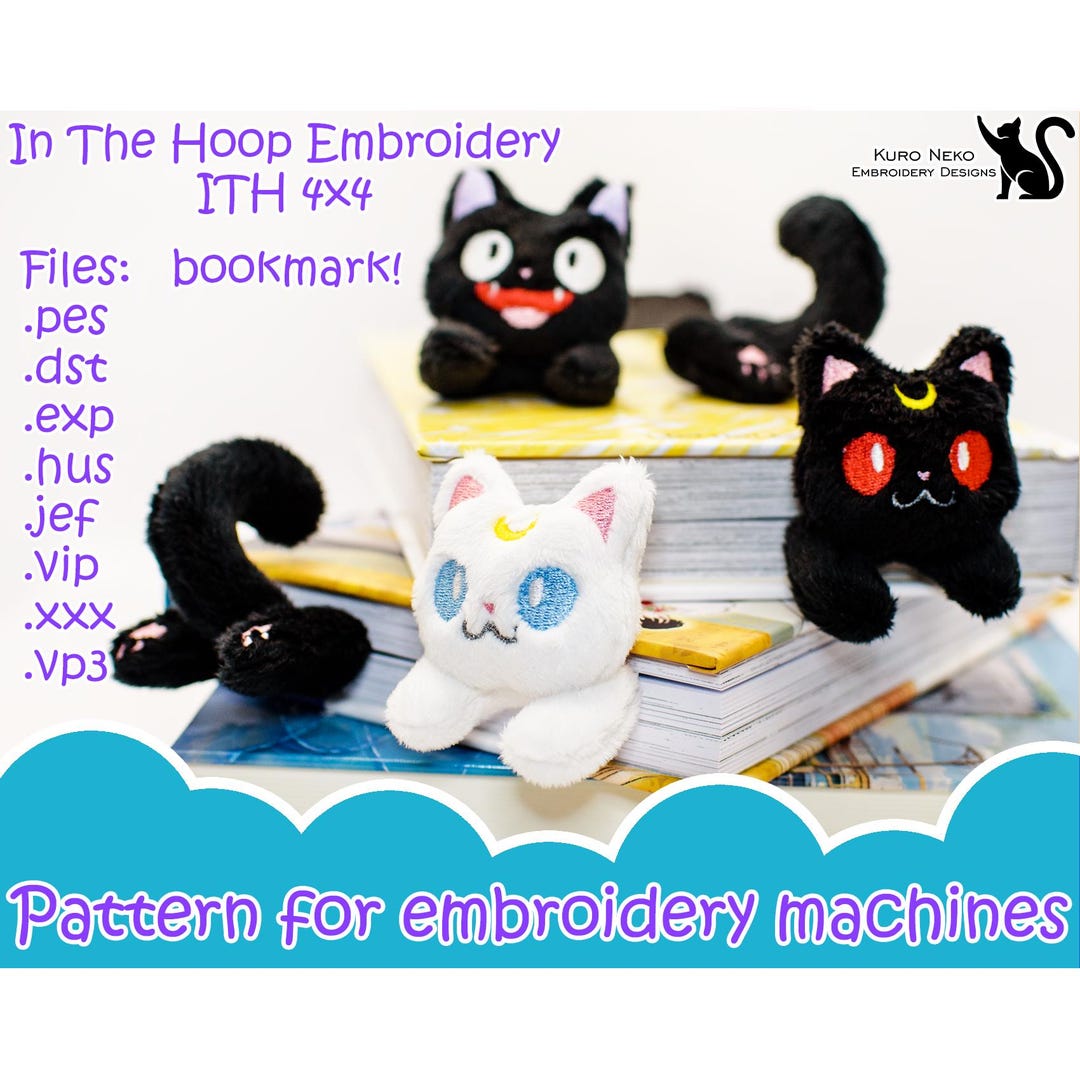 In the Hoop - Digital ITH Plush Pattern | Plush Bookmark Luna Jiji Cat ...
